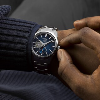 Seiko Presage ‘Ao’ Sharp-Edged Open Heart Bracelet Watch | Ernest Jones